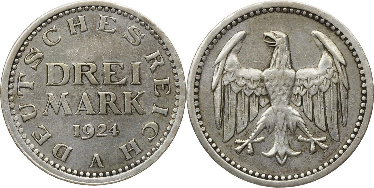 Weimarer Republik 3 Mark 1924 A Kursmünze ss | MA-Shops