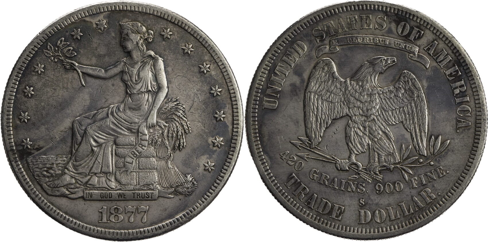 USA 1877 S Trade Dollar ss, Kratzer/Grafitto auf Vs. | MA-Shops