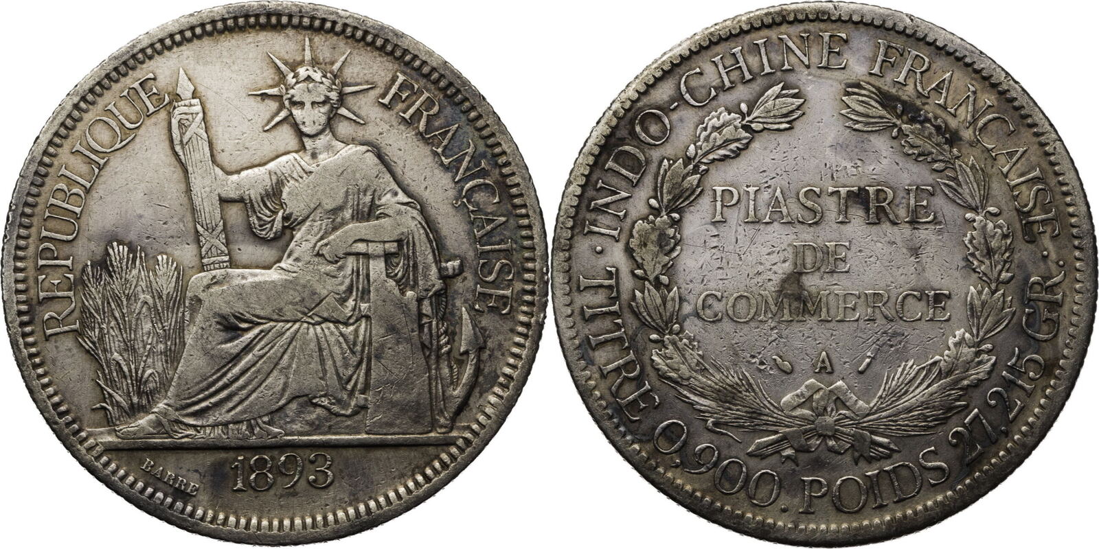 Indochina, Frankreich 1 Piaster 1893 A Kursmünze (1885-1895) s-ss, Rf ...