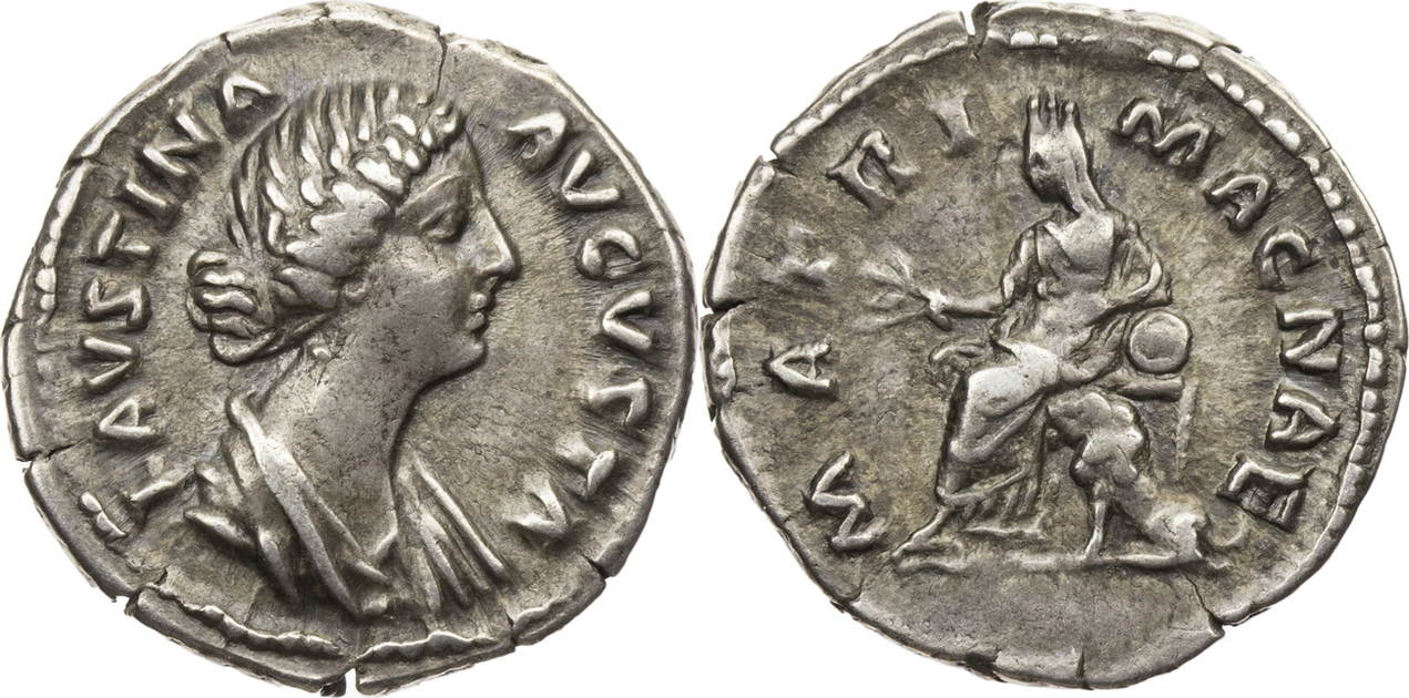 Römische Kaiserzeit Denar 161-176 n. Chr. Faustina II. minor, Büste / MATRI MAGNAE, thronende ...