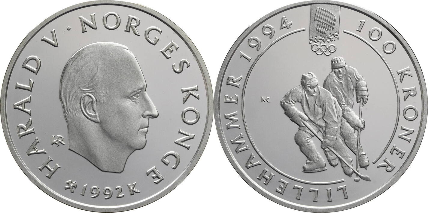 Norwegen 100 Kroner 1992 Olav V. - Olympische Spiele 1994 in Lillehammer BU (gekapselt) | MA-Shops