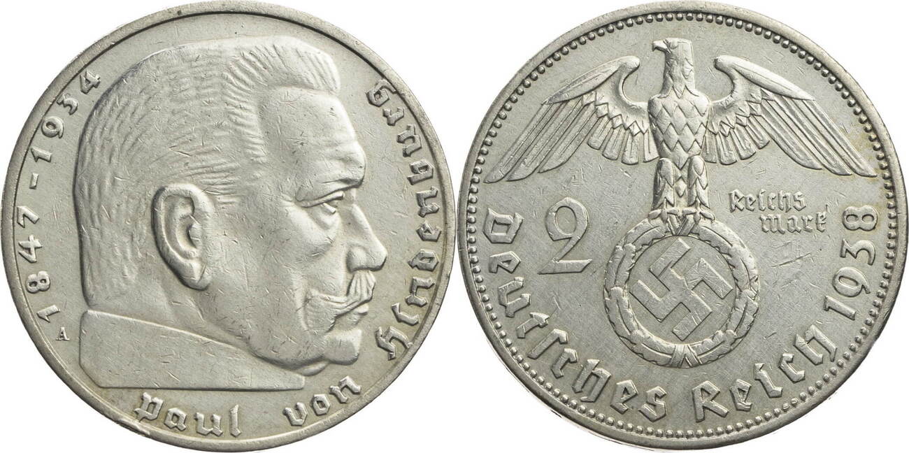Drittes Reich 2 Reichsmark 1938 A Paul von Hindenburg - Kursmünze (1936 ...