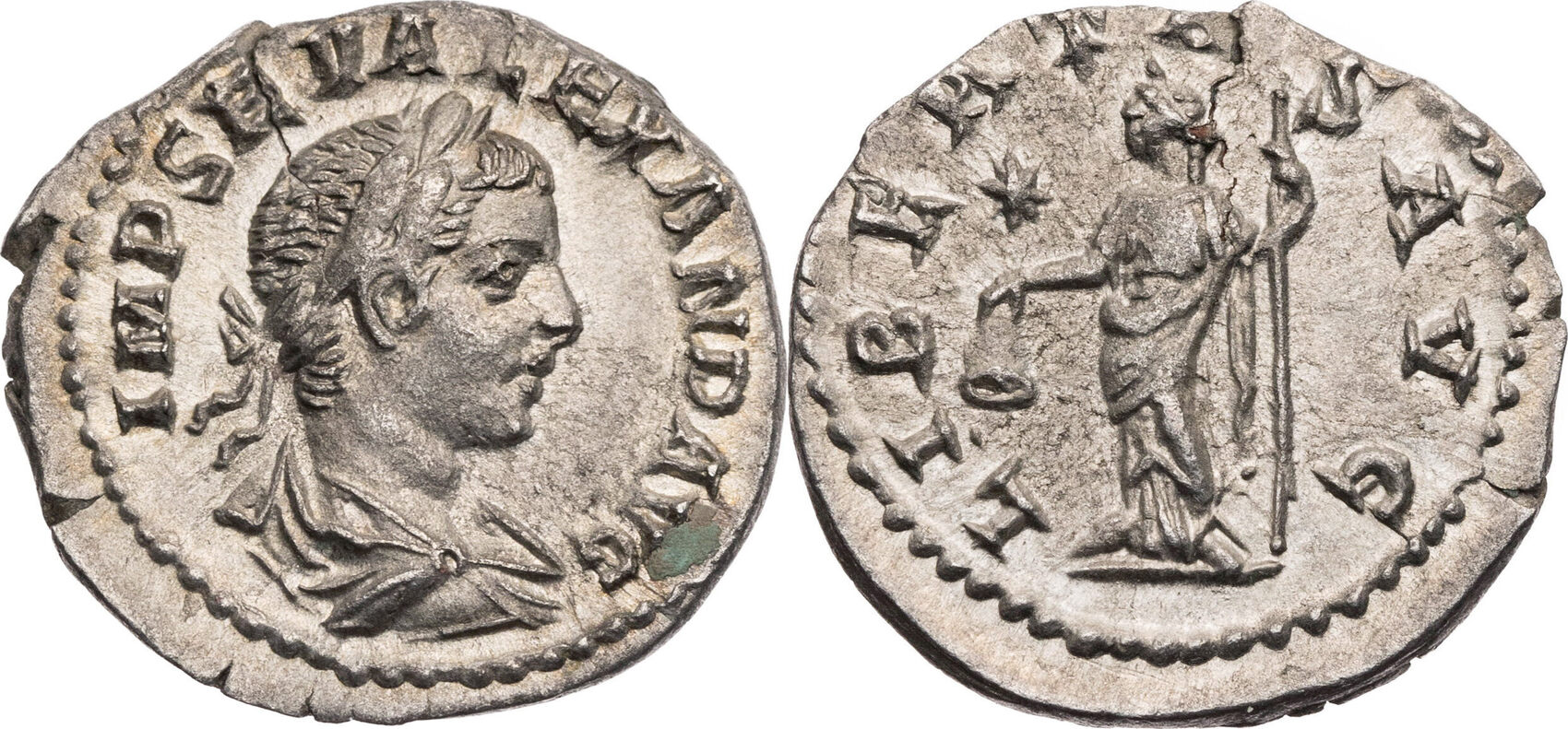 Römische Kaiserzeit Denar 222 n. Chr. Severus Alexander, Antiochia, Büste / LIBERTAS AVG ...