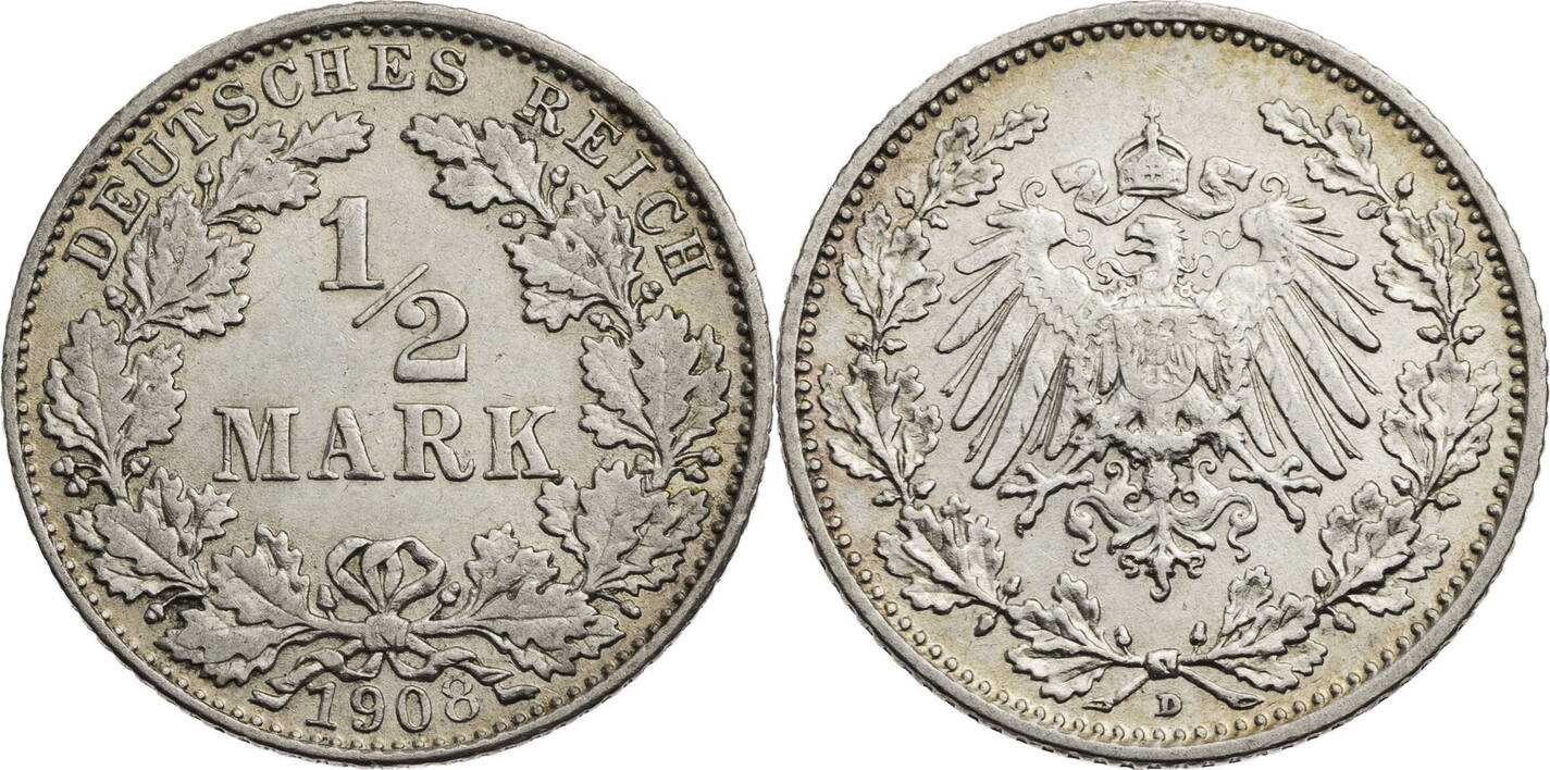 Kaiserreich ½ Mark 1908 D Kursmünze (1905-1919) ss-vz | MA-Shops