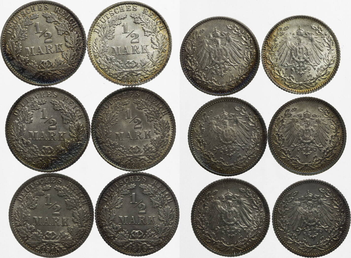 Deutschland, Kaiserreich 6x 1/2 Mark 1915 A, D, E, F, G, J Kursmünze ss-vz | MA-Shops