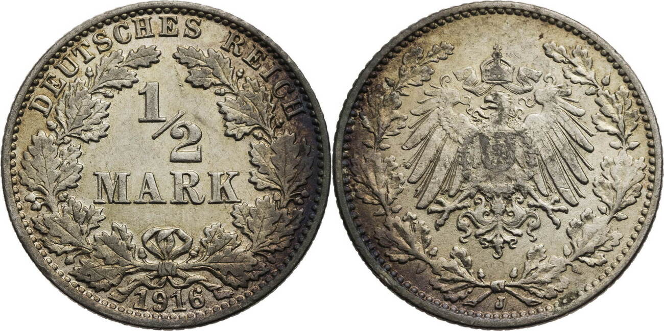 Kaiserreich ½ Mark 1916 J Kursmünze (1905-1919) vz | MA-Shops