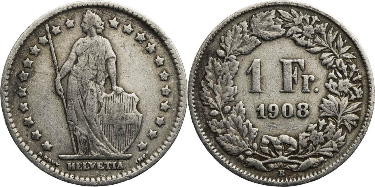 Schweiz 1 Franken 1908 B Helvetia - Kursmünze (1875-1967) s-ss | MA-Shops