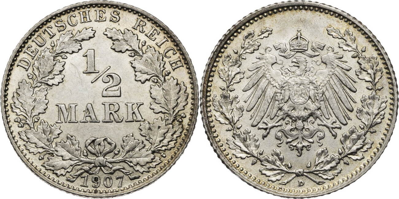 Kaiserreich ½ Mark 1907 D Kursmünze (1905-1919) ss-vz | MA-Shops