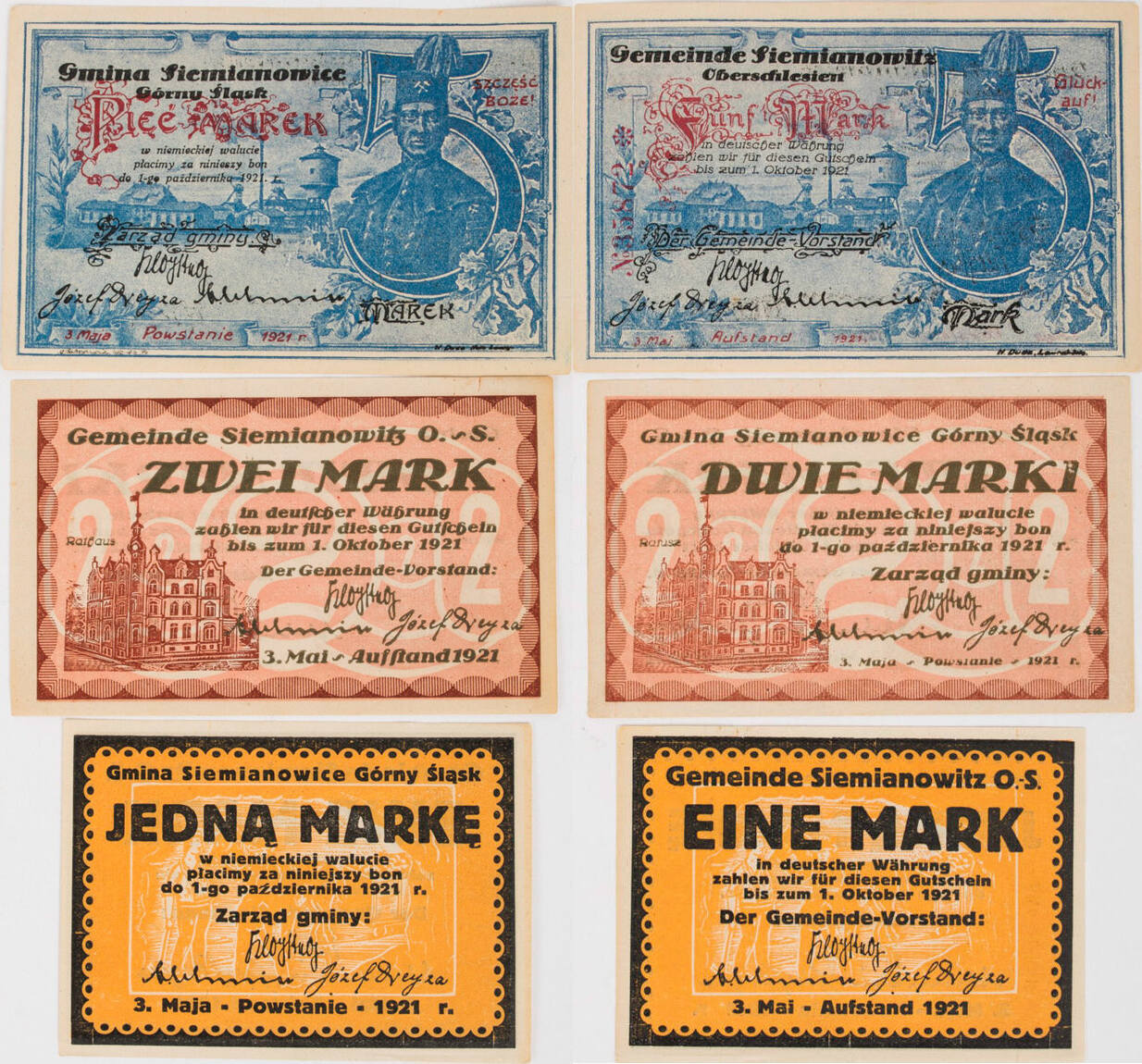 Siemianowitz, Oberschlesien (Siemanowice) 1, 2, 5, Mark 3.5.1921 3. Mai ...