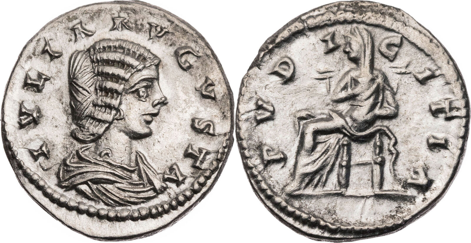 Römische Kaiserzeit Denar 196-202 n. Chr. Iulia Domna, Büste / PVDICITIA, verschleierte ...