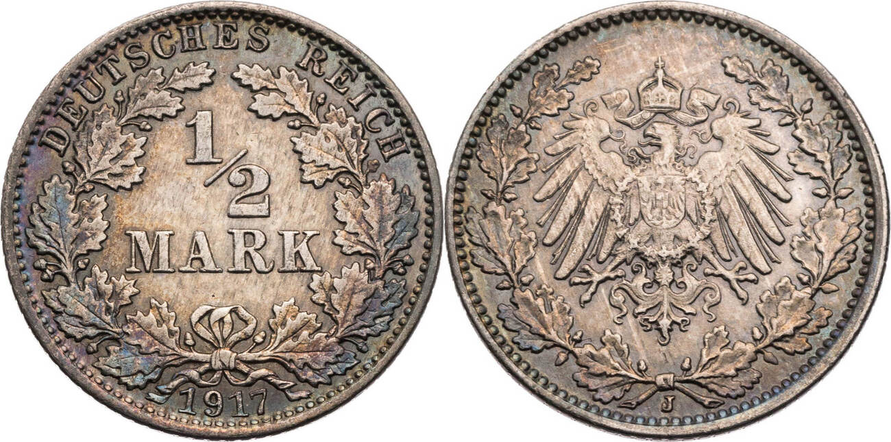 Kaiserreich 1/2 Mark 1917 J Kursmünze (1905-1919) vz-st, Patina | MA-Shops