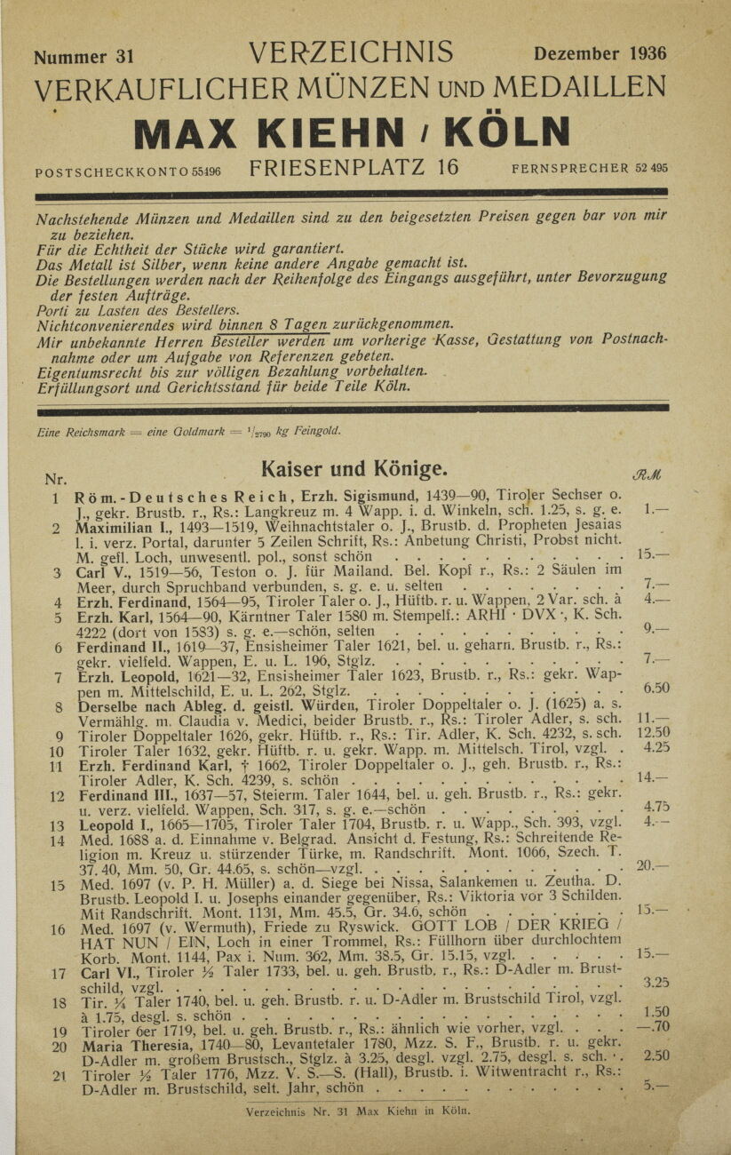Köln Literatur Max Kiehn - Verzeichnis verkäuflicher Münzen und Medaillen Nr. 31 / Juni 1936 ...