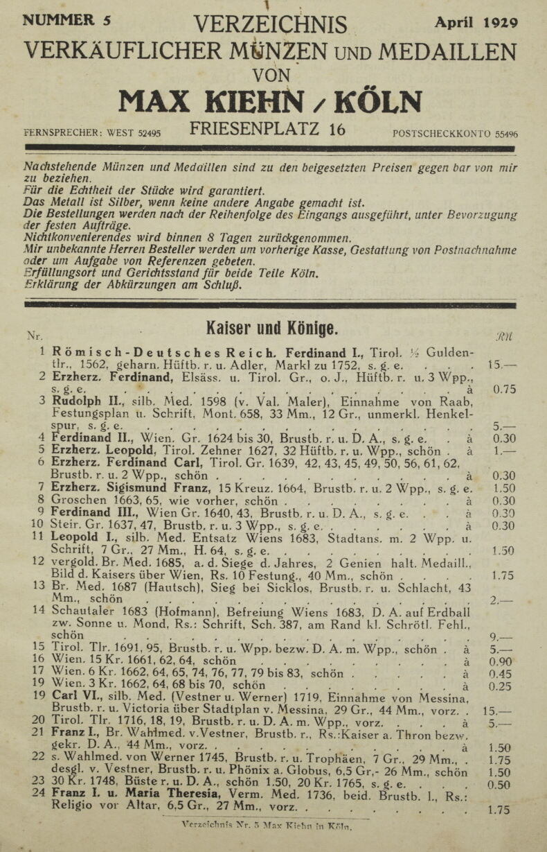 Köln Literatur Max Kiehn - Verzeichnis verkäuflicher Münzen und Medaillen Nr. 5 / Juni 1929 ...