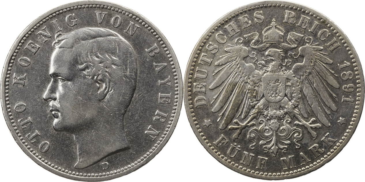 Kaiserreich - Bayern 5 Mark 1891 D Otto von Bayern (1886-1913) ss | MA-Shops