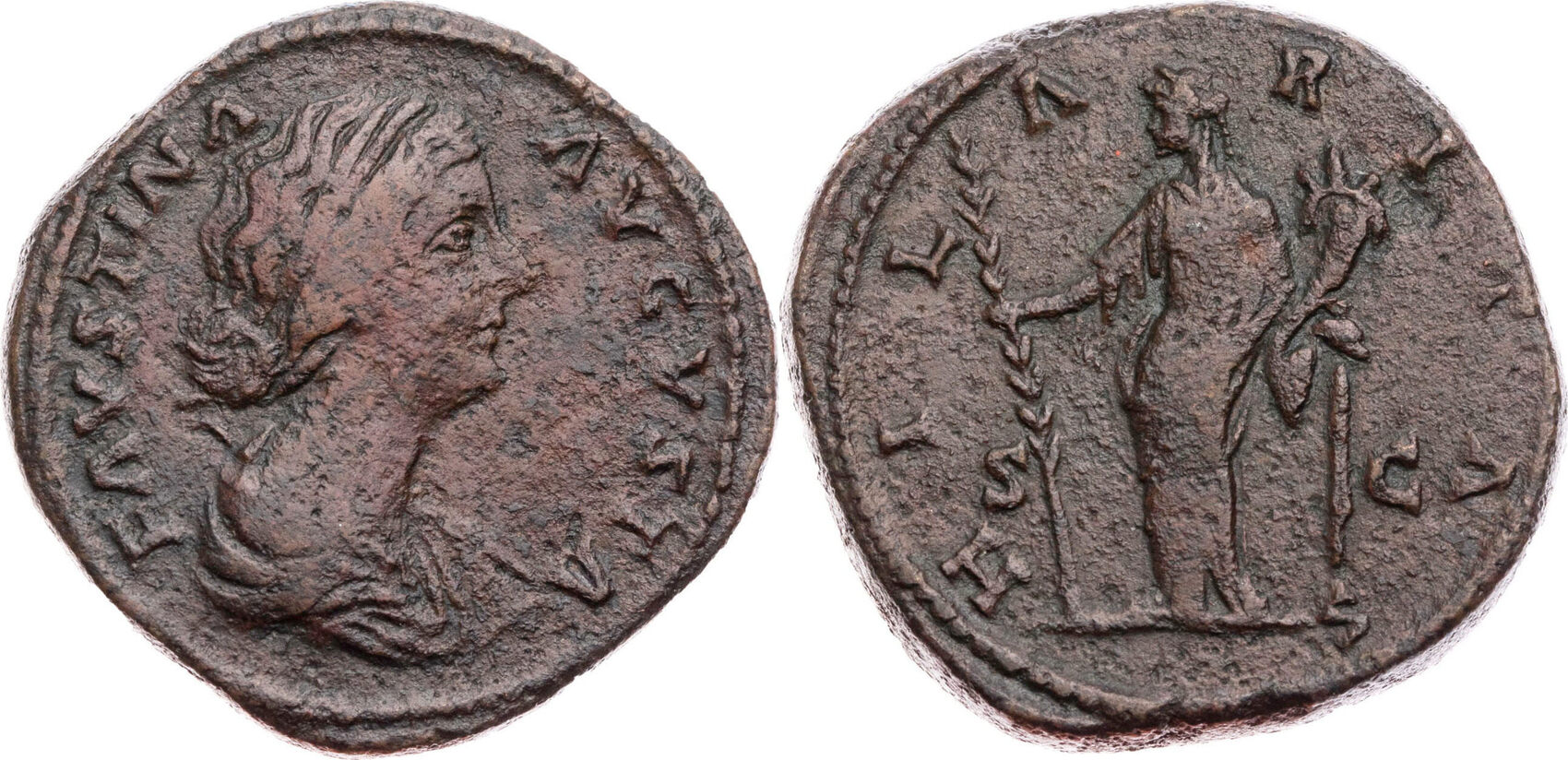 Römische Kaiserzeit Sesterz 161-176 n. Chr. Faustina minor, Büste / HILARITAS, Hilaritas mit ...