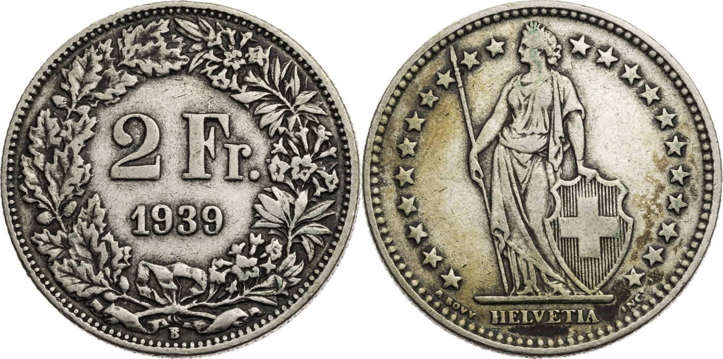 Schweiz 2 Franken 1939 B Helvetia - Kursmünze (1874-1967) ss | MA-Shops