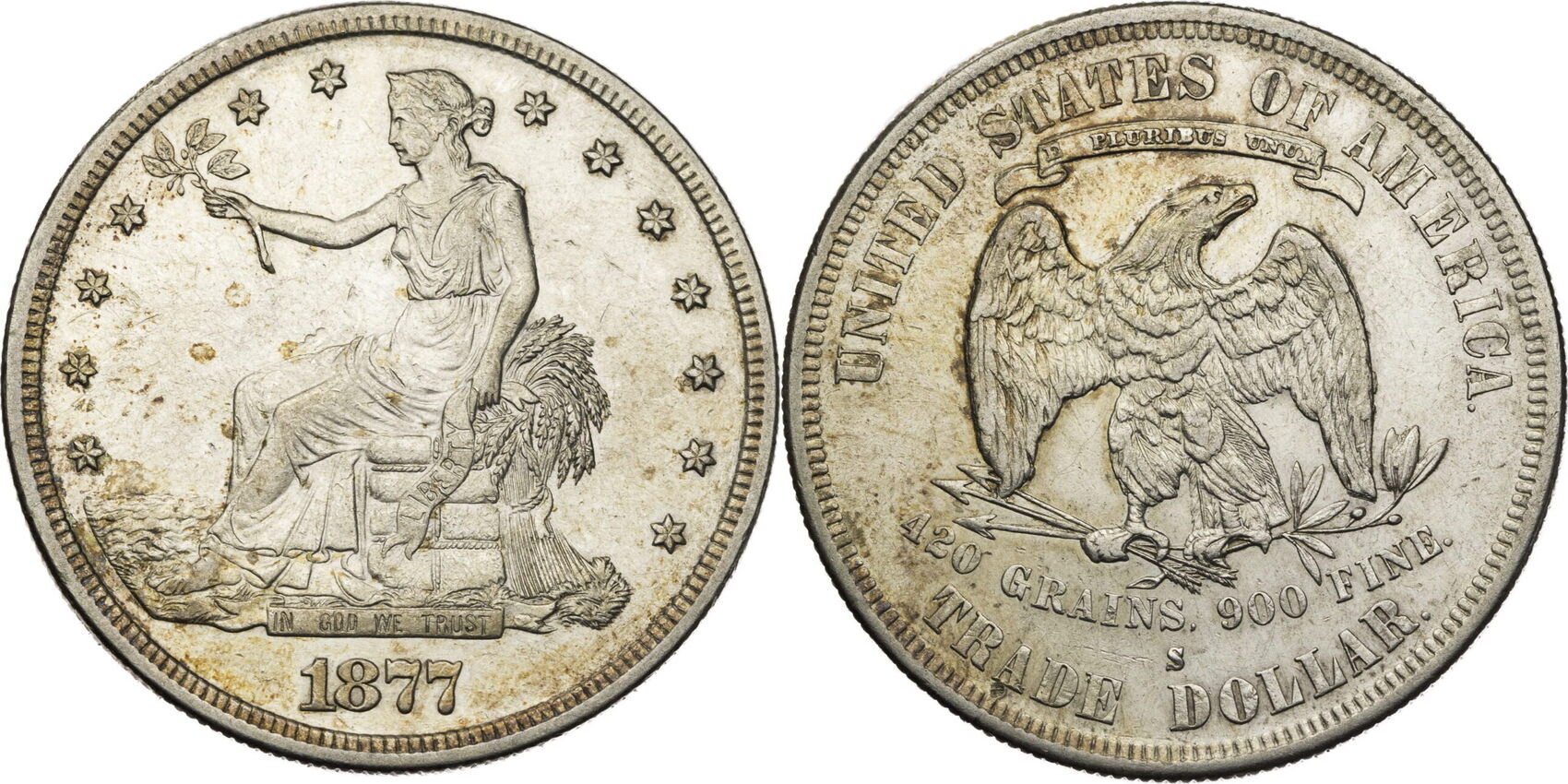 USA 1877 S Trade Dollar ss, Kratzer, unregelmäßige Patina | MA-Shops