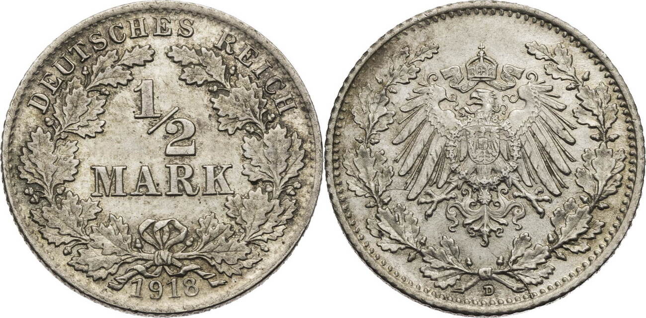 Kaiserreich ½ Mark 1918 D Kursmünze (1905-1919) ss-vz, fleckig | MA-Shops