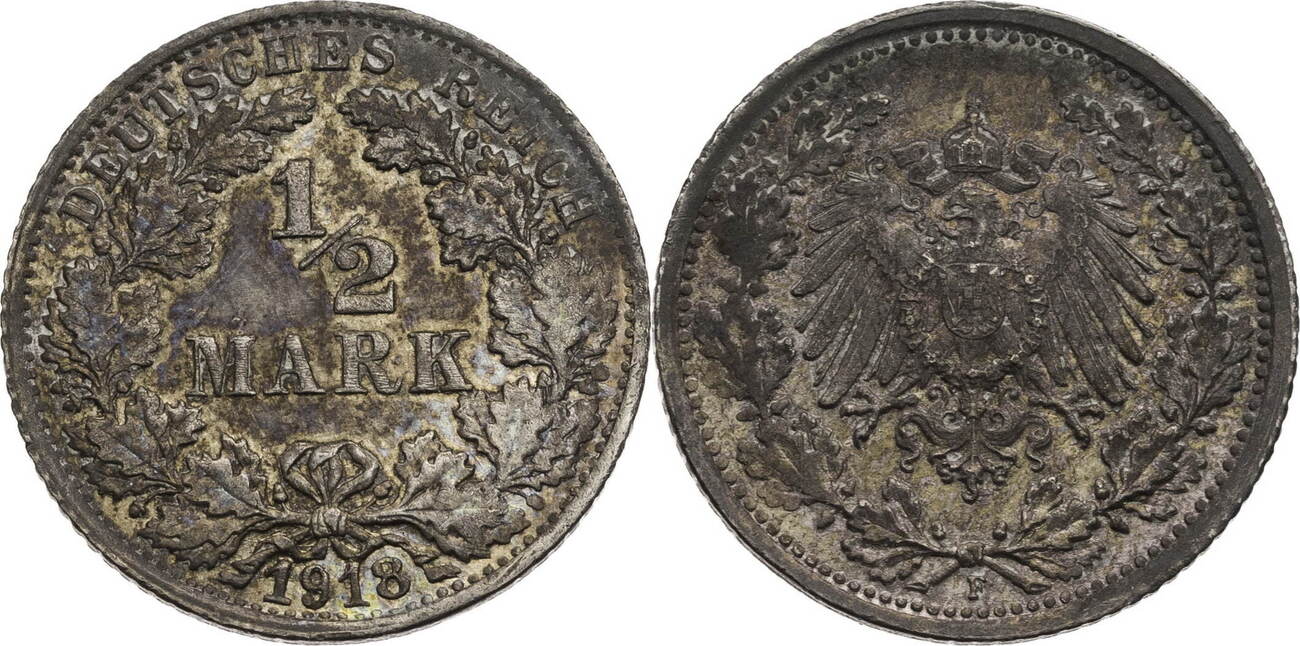 Kaiserreich 1/2 Mark 1918 F Kursmünze (1905-1919) vz, Patina | MA-Shops