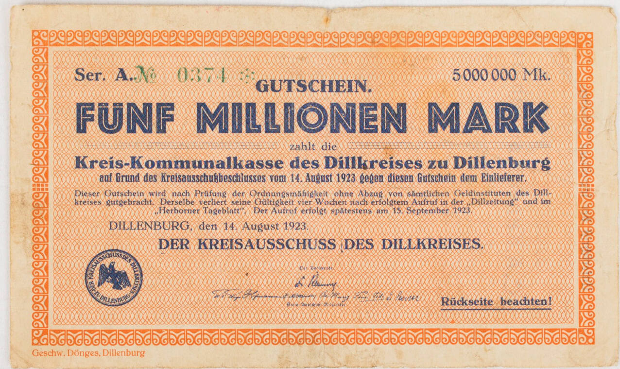 Dillenburg, Kreis Dill 5000000 Mark 14.8.1923 Kreisnotgeld - Fünf ...