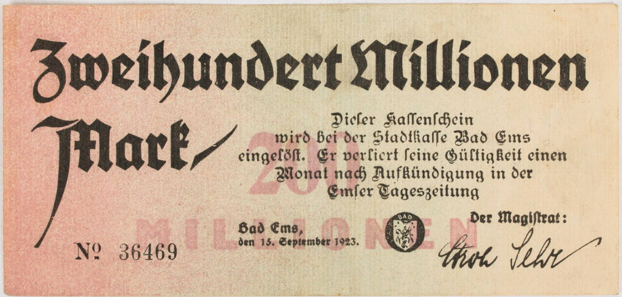 Bad Ems, Stadt 200000000 Mark 15.9.1923 Kassenschein über Zweihundert ...