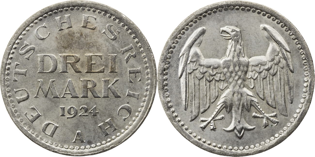 Weimarer Republik 3 Mark 1924 A Kursmünze vz | MA-Shops