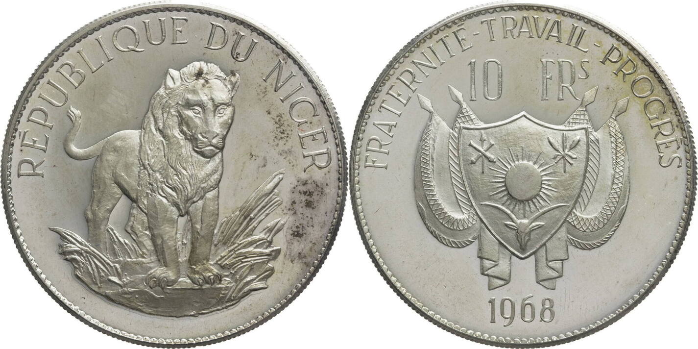 Niger 10 Francs 1968 Löwe - Fraternite Travail Progres PP, fleckig | MA ...