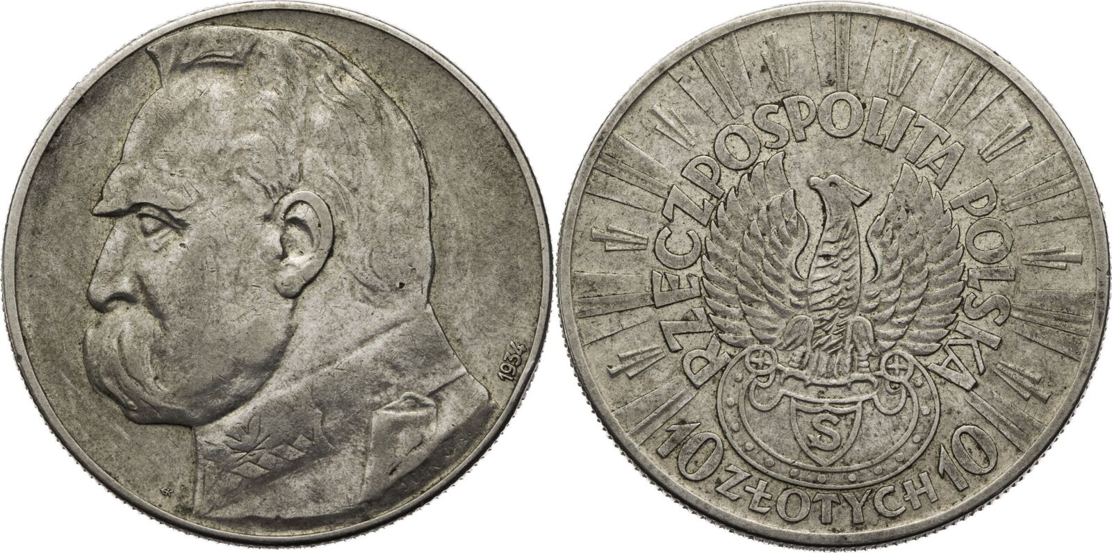 Polen 10 Zlotych 1934 Józef Piłsudski - Kursmünze (1934-1939) ss | MA-Shops