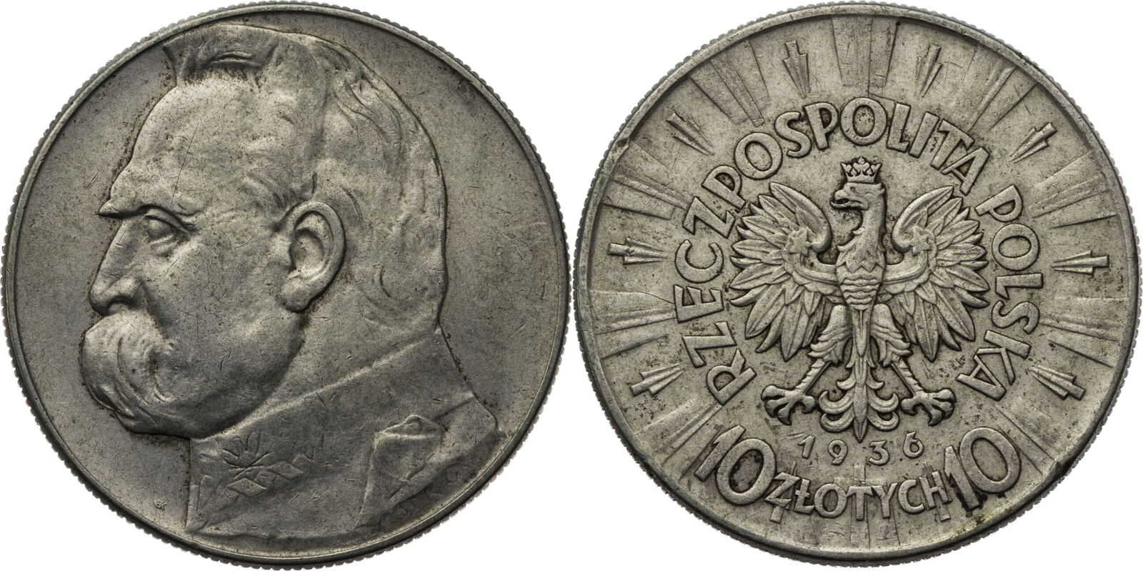 Polen 10 Zlotych 1936 Józef Piłsudski - Kursmünze (1934-1939) ss | MA-Shops