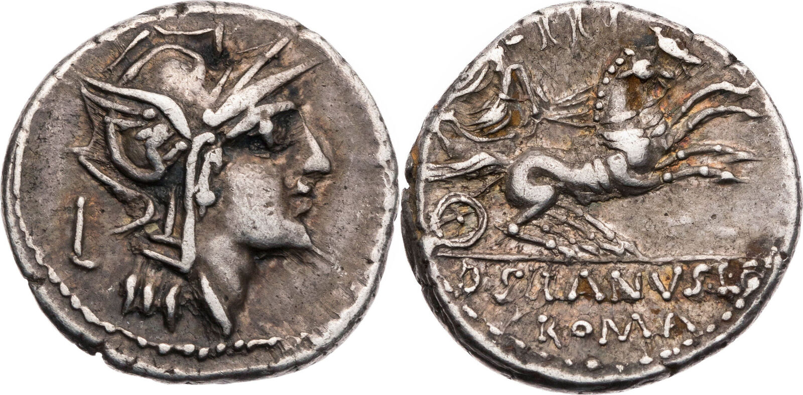 Römische Republik Denar 91 v. Chr. D. Iunius Silanus, Kopf der Roma ...