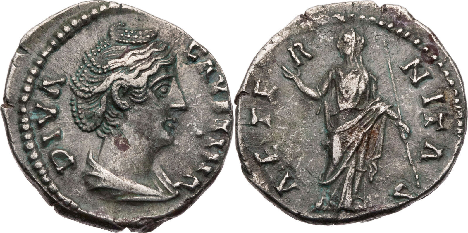 Römische Kaiserzeit Denar nach 141 n. Chr. Diva Faustina I., Büste / AETERNITAS, Aeternitas mit ...