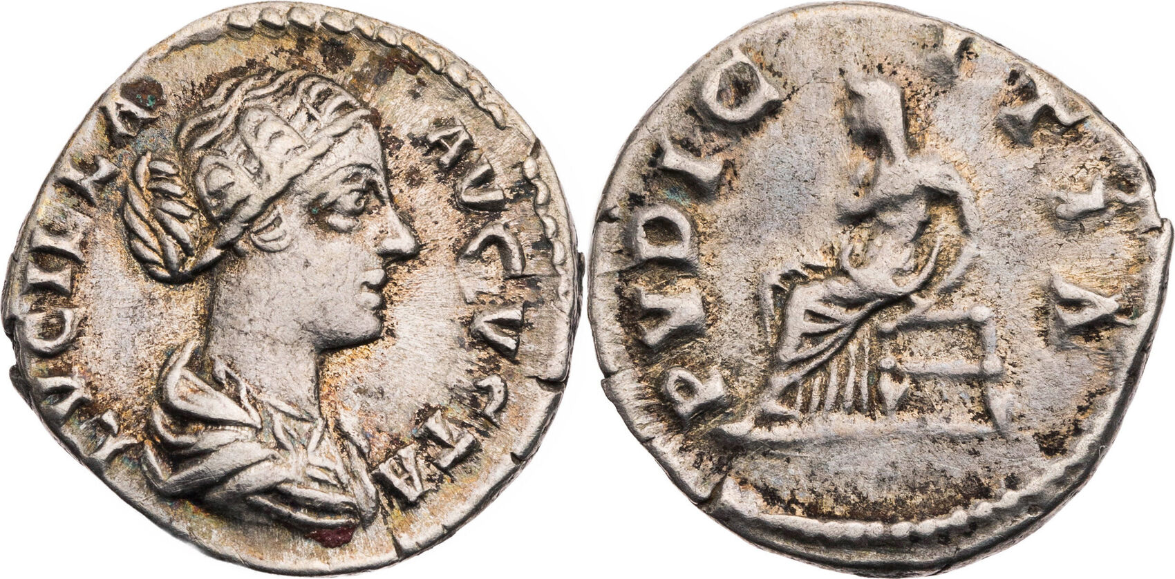 Römische Kaiserzeit Denar 164-169 n. Chr. Lucilla, Büste / PVDICITIA, sitzende Pudicitia ss | MA ...