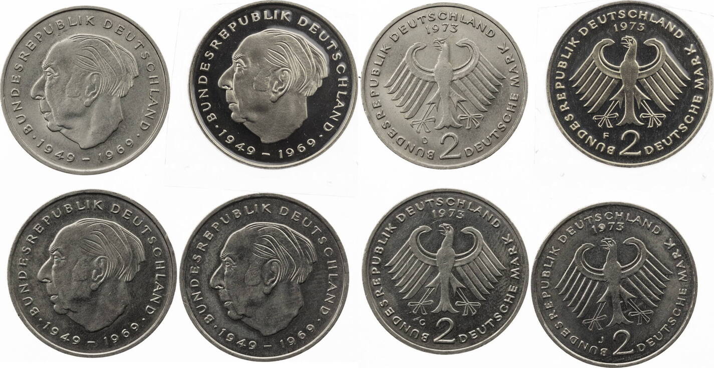 Bundesrepublik Deutschland 4 x 2 DM 1973 DFGJ 2 D-Mark Kursmünzen ...