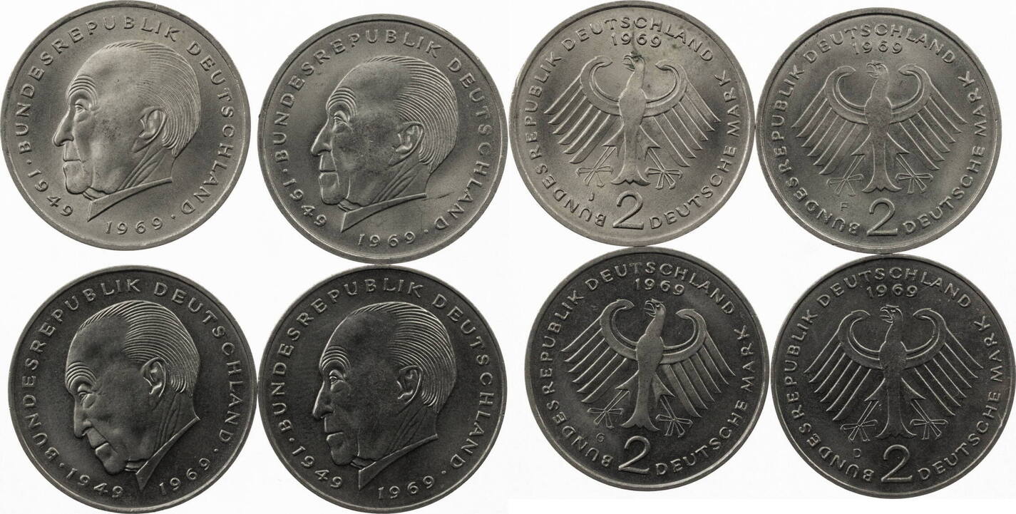 Bundesrepublik Deutschland 4 x 2 DM 1969 DFGJ 2 D-Mark Kursmünzen ...