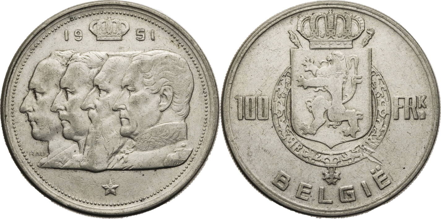 Belgien 100 Frank (100 Francs) 1951 Leopold I, Leopold II, Albert I und ...