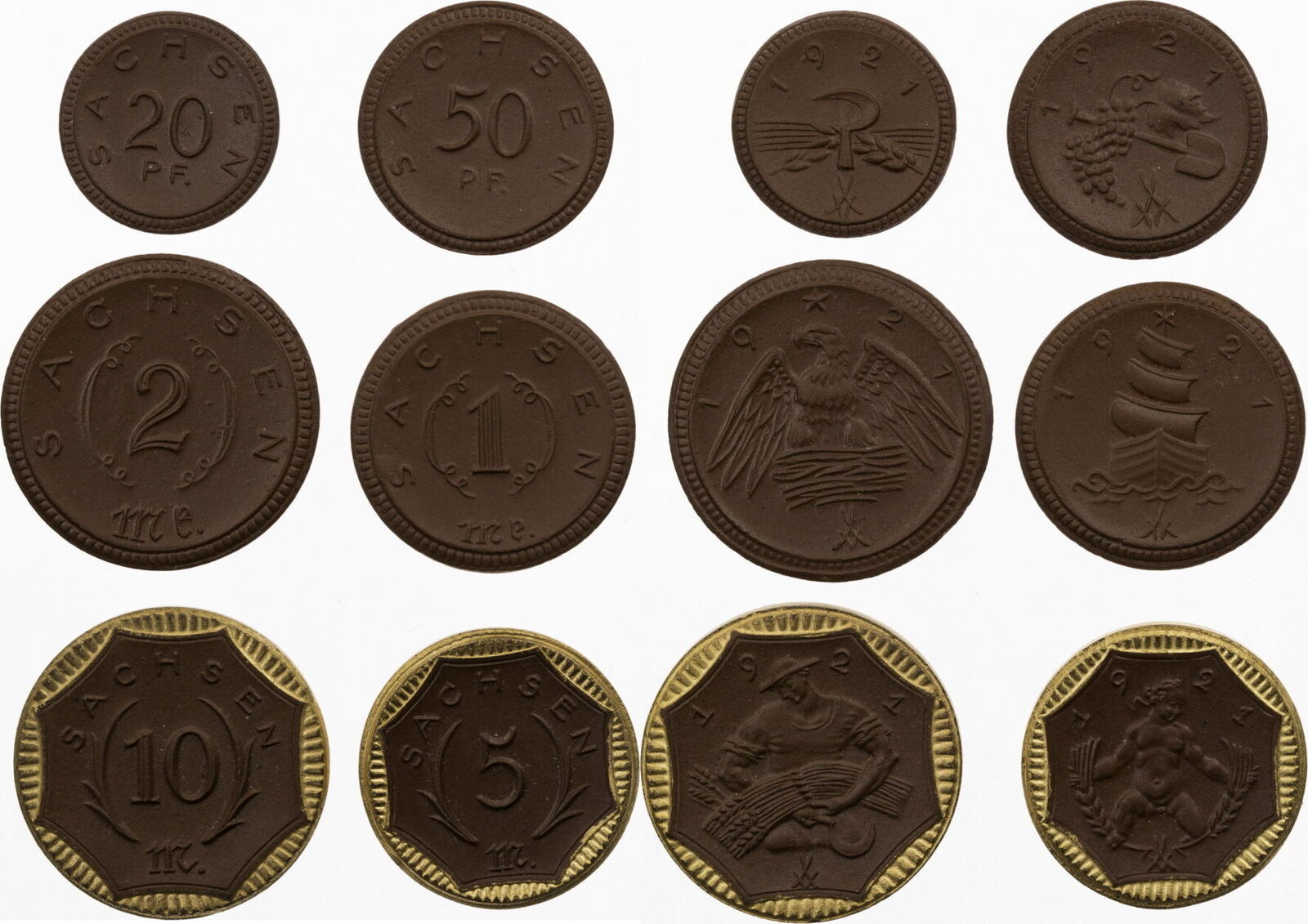 Sachsen 20, 50 Pfennig, 1, 2, 5, 10 Mark 1921 6 Notmünzen aus Böttger ...