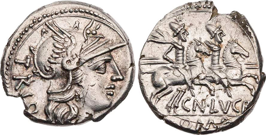 Römische Republik Denar 136 v. Chr. Cn. Lucretius Trio, Kopf der Roma / Dioskuren zu Pferd Reste ...