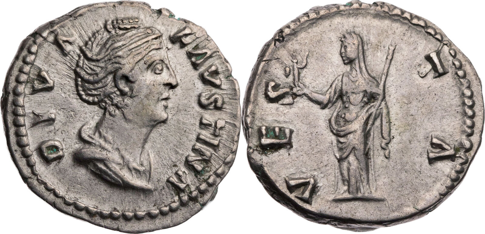 Römische Kaiserzeit Denar nach 141 n.Chr. Diva Faustina I., Büste / VESTA, Vesta mit Palladium ...