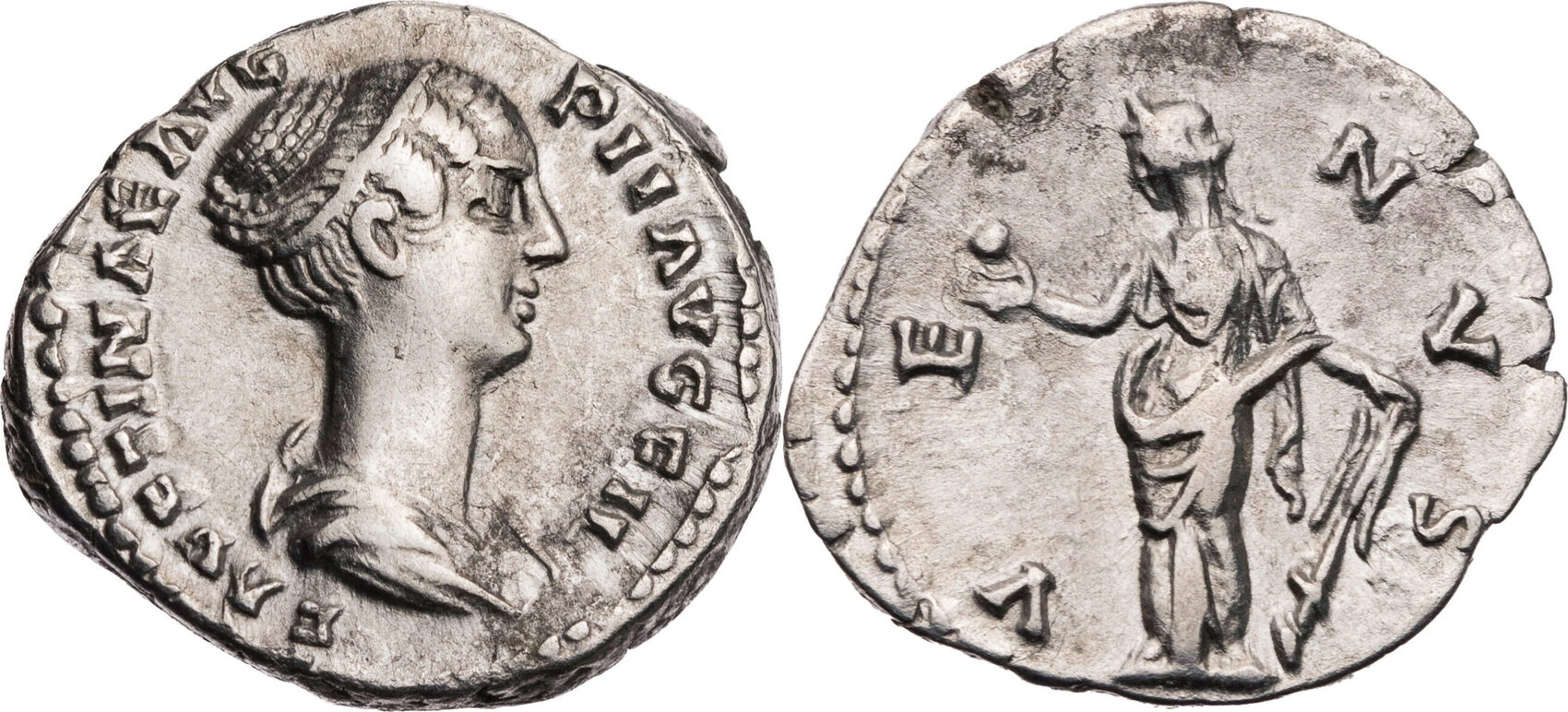 Römische Kaiserzeit Denar 147-150 n. Chr. Faustina minor, Büste / VENVS, Venus mit Ruder und ...