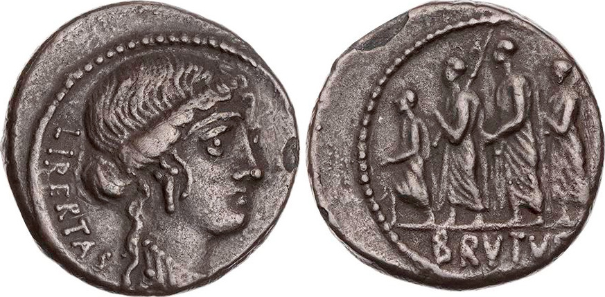 Römische Republik Denar 54 v. Chr. M. Iunius Brutus, Kopf der Libertas ...