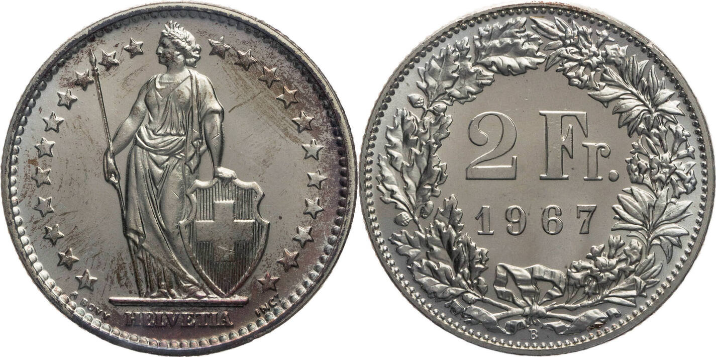 Schweiz 2 Franken 1967 B Helvetia - Kursmünze (1874-1967) vz-st | MA-Shops