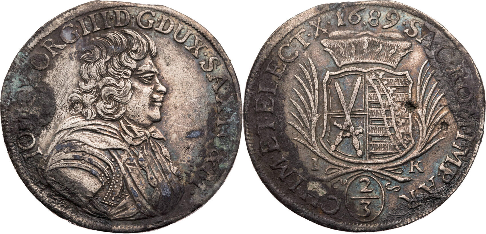 Sachsen, Albertinische Linie 2/3 Taler 1689 IK Johann Georg III. (1663 ...