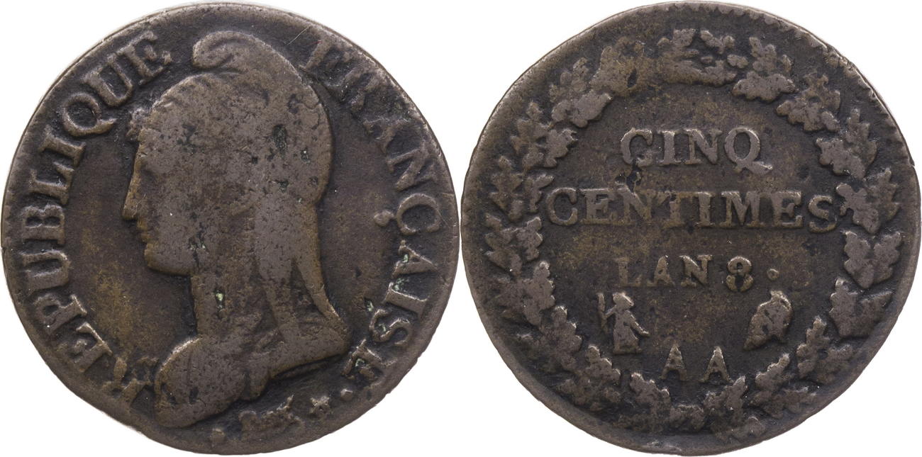 Frankreich 5 Centimes L'AN 8 AA (1799) Kursmünze schön | MA-Shops