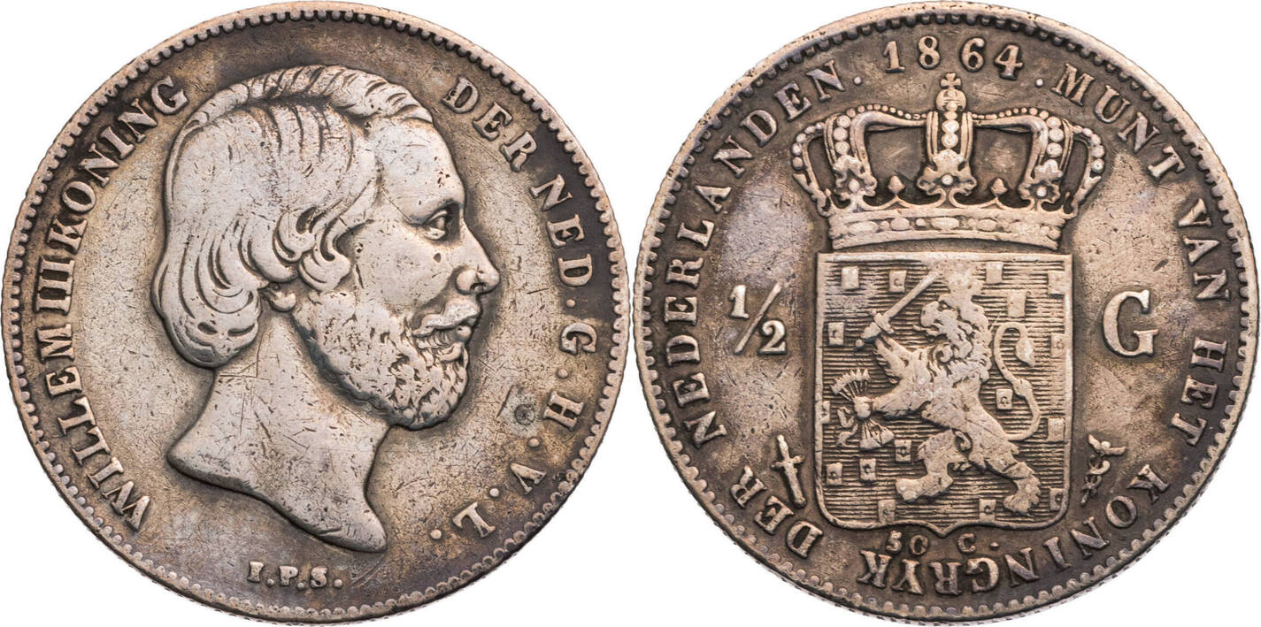 Niederlande 1/2 Gulden 1864 Willem III. (1849-1890) - Kursmünze (1850-1868) ss, geputzt | MA-Shops