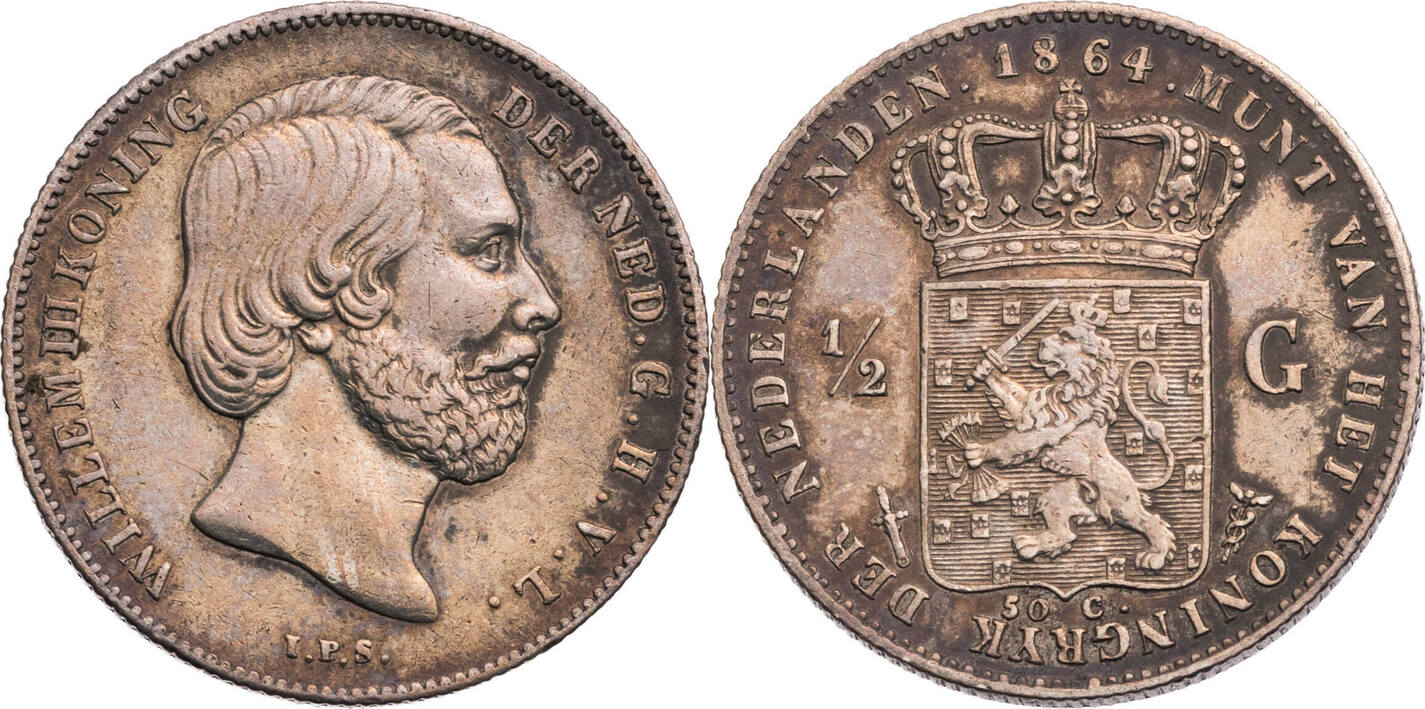 Niederlande 1/2 Gulden 1864 Willem III. (1849-1890) - Kursmünze (1850-1868) ss, geputzt | MA-Shops