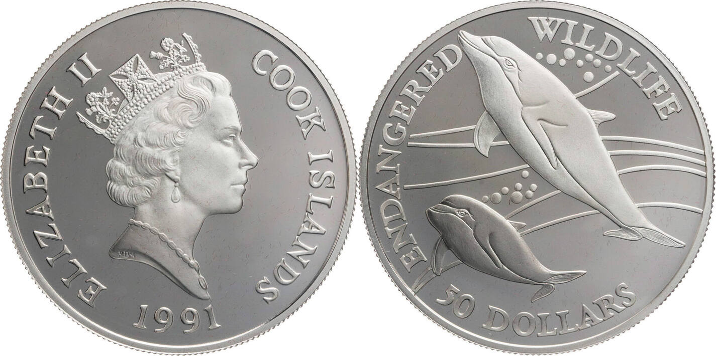 Cook Islands 50 Dollars 1991 Heavisidedelfin - bedrohte Tierwelt PP ...