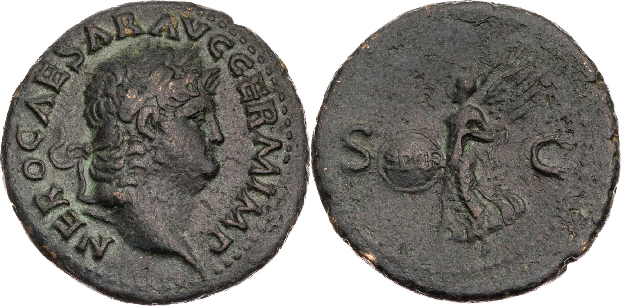 Römische Kaiserzeit As 65 n. Chr. Nero, Kopf / Victoria mit SPQR ...