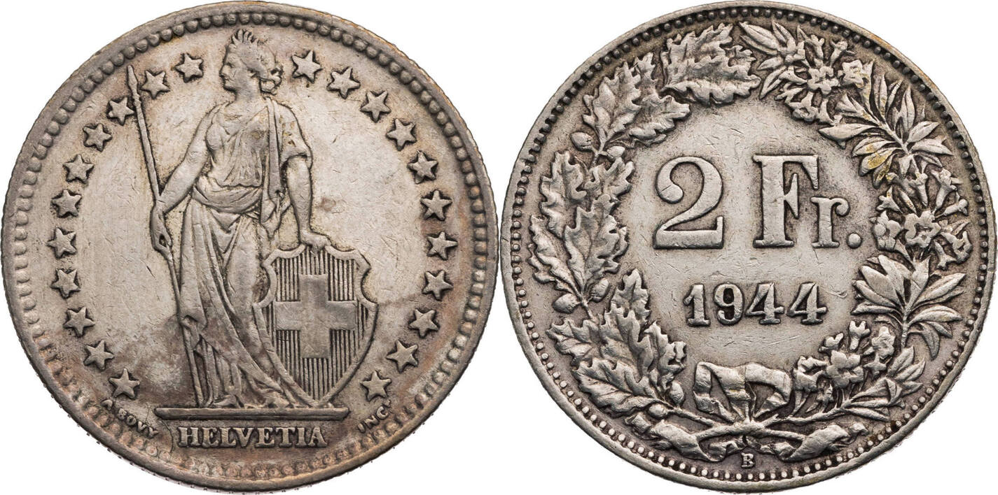 Schweiz 2 Franken 1944 B Helvetia - Kursmünze (1874-1967) ss | MA-Shops