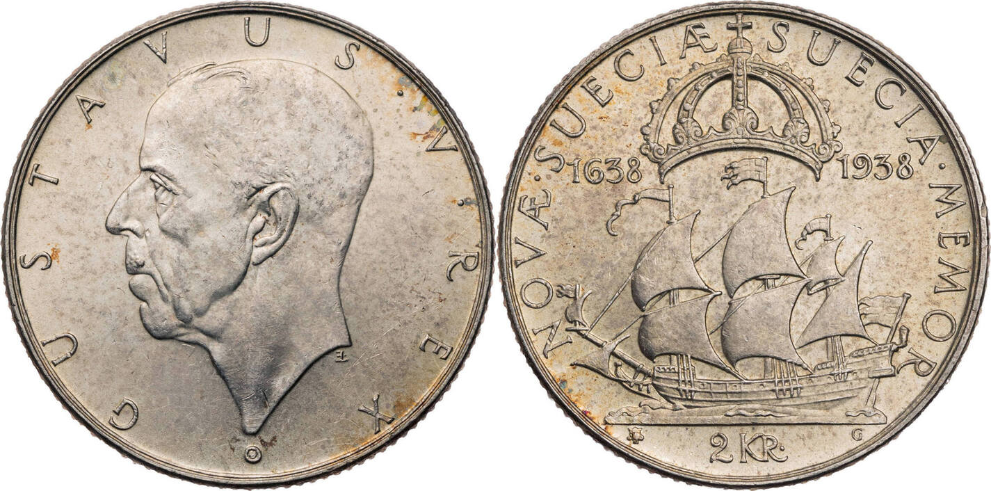 2 Kronor 1938 G Gustav V. (1907-1950) - Auf 300 Jahre Besiedlung Neu ...
