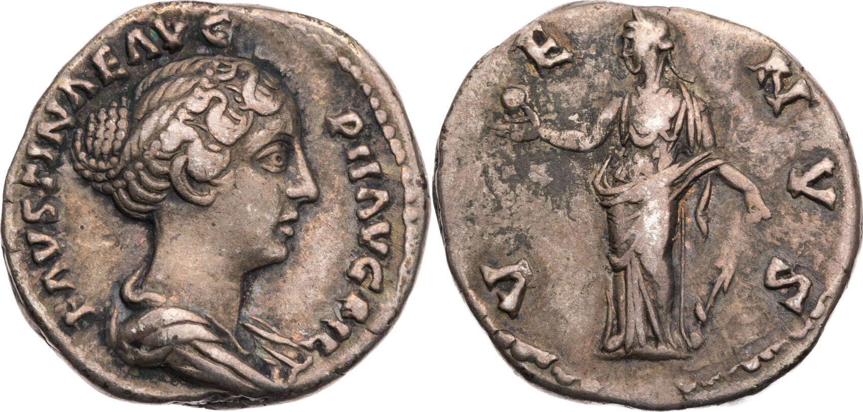 Römische Kaiserzeit Denar 147-150 n. Chr. Faustina minor, Büste / VENVS, Venus mit Ruder und ...